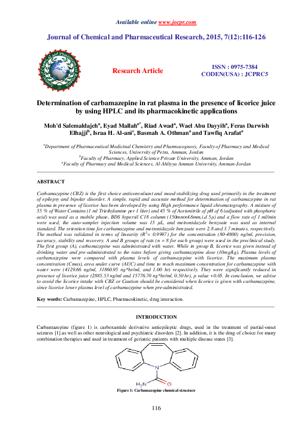 (PDF) Determination of carbamazepine in rat plasma in the presence of licorice juice by using ...