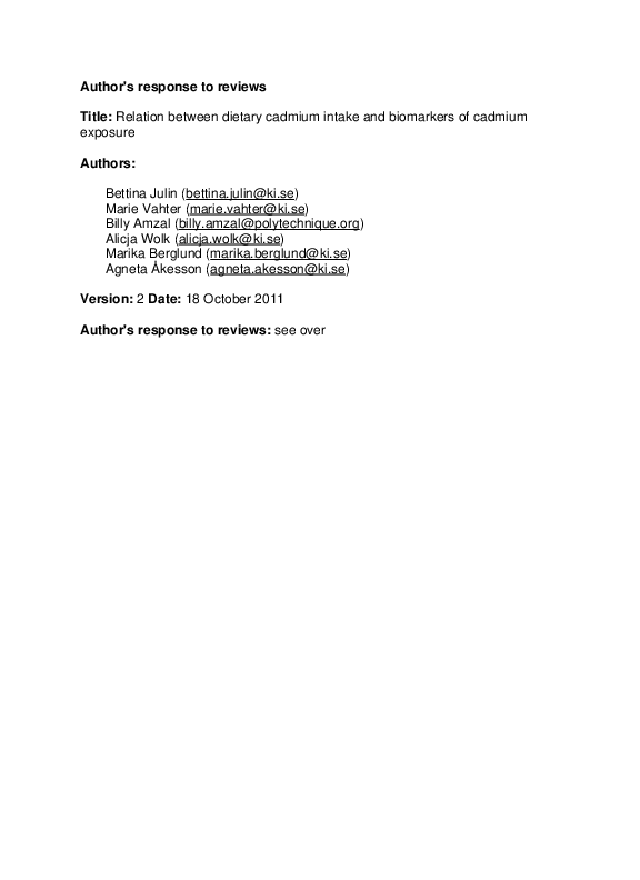 (PDF) Author ' s response to reviews Title : Relation between dietary cadmium intake and ...