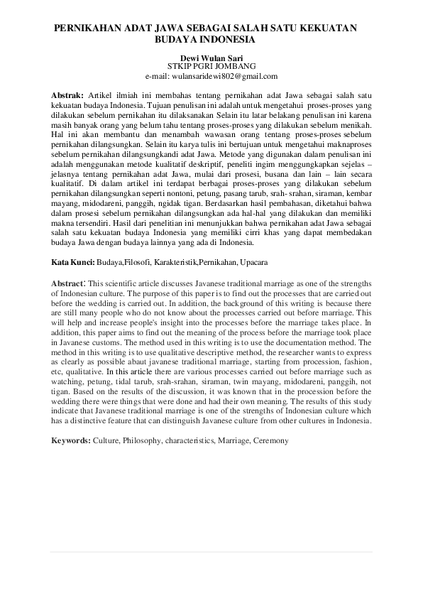 Pdf Pernikahan Adat Jawa Sebagai Salah Satu Kekuatan Budaya Indonesia