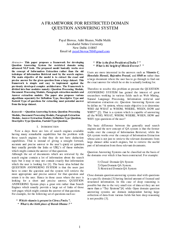 (PDF) A framework for restricted domain Question Answering System