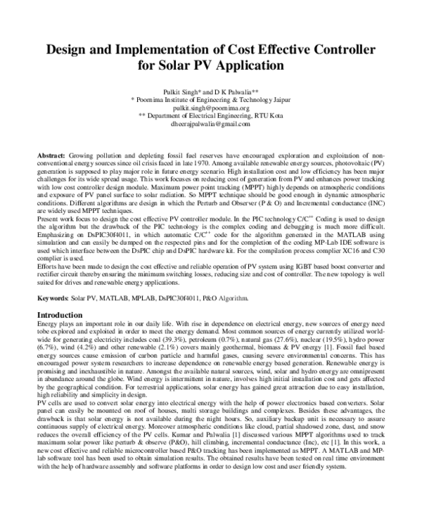 Pdf Design And Implementation Of Cost Effective Controller For Solar Pv Application Dr