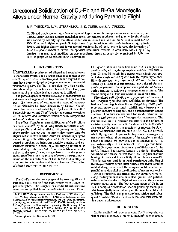 Pdf Directional Solidification Of Cu Pb And Bi Ga Monotectic Alloys Under Normal Gravity And