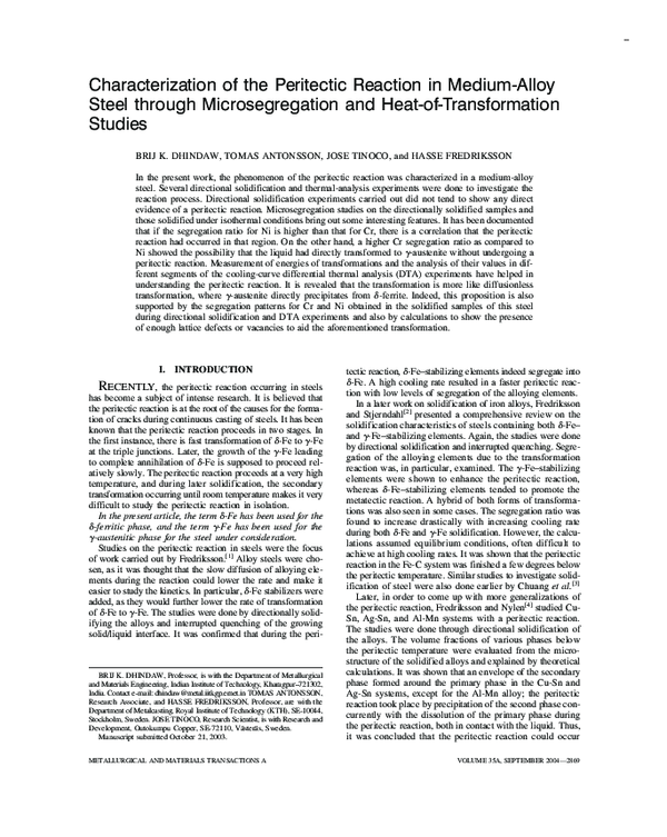 Pdf Characterization Of The Peritectic Reaction In Medium Alloy Steel Through Microsegregation
