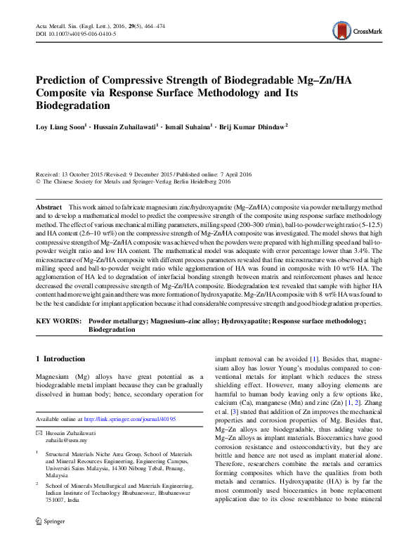(PDF) Prediction of Compressive Strength of Biodegradable Mg–Zn/HA Composite via Response ...