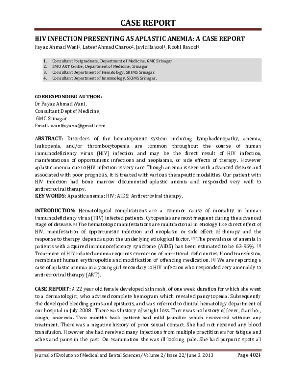 (PDF) Hiv Infection Presenting as Aplastic Anemia: A Case Report ...