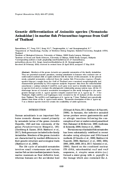 (PDF) Genetic differentiation of Anisakis species (Nematoda: Anisakidae ...