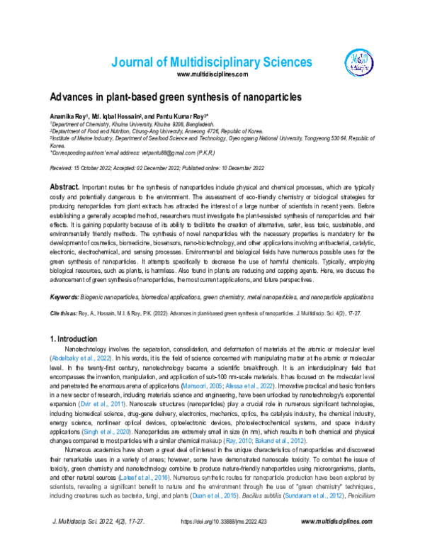 (PDF) Advances in plant-based green synthesis of nanoparticles