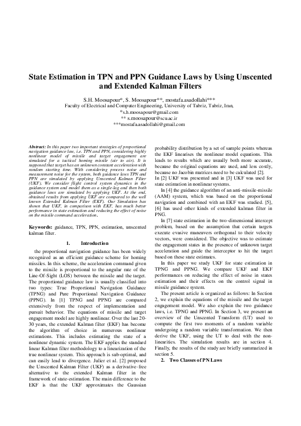 Pdf State Estimation In Tpn And Ppn Guidance Laws By Using Unscented And Extended Kalman Filters