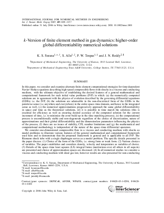 Pdf K Version Of Finite Element Method In Gas Dynamics Higher Order Global Differentiability