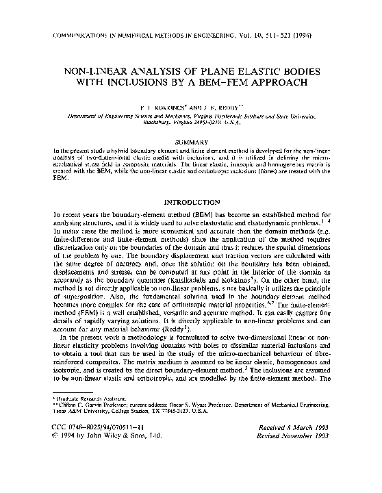 Pdf Non Linear Analysis Of Plane Elastic Bodies With Inclusions By A