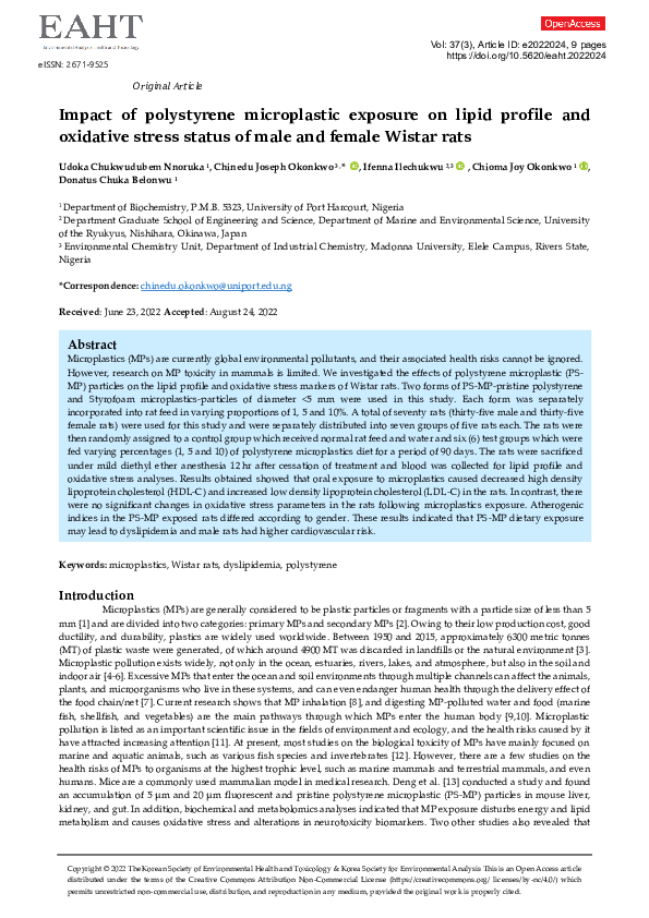 Pdf Impact Of Polystyrene Microplastic Exposure On Lipid Profile And