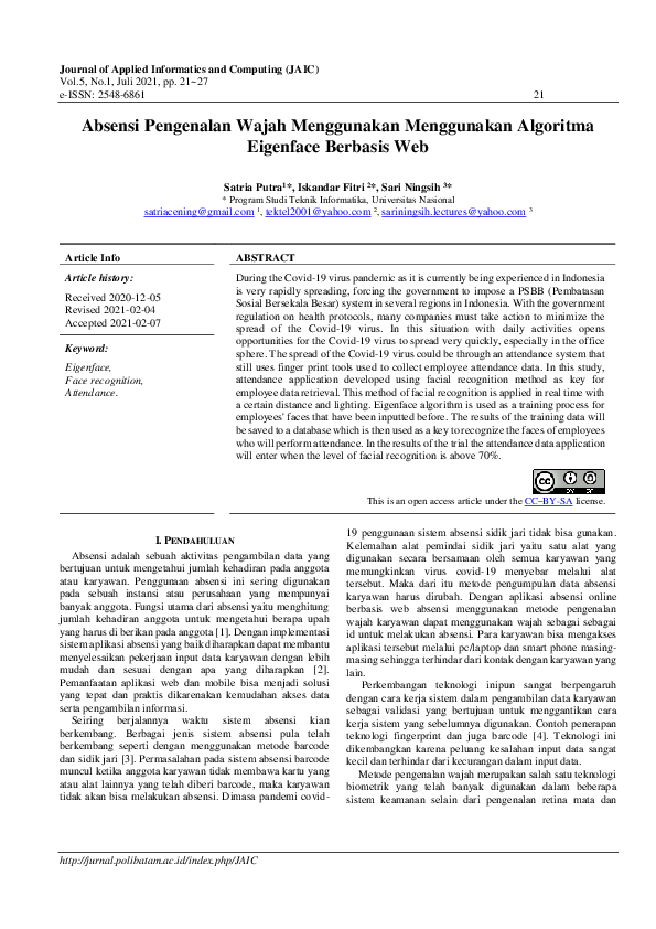 (PDF) Absensi Pengenalan Wajah Menggunakan Menggunakan Algoritma Eigenface Berbasis Web