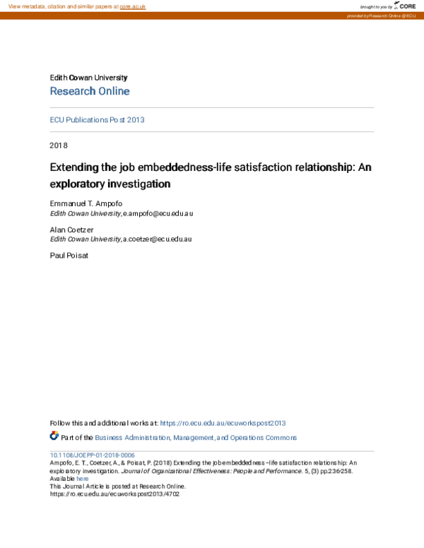 (PDF) Extending the job embeddedness-life satisfaction relationship