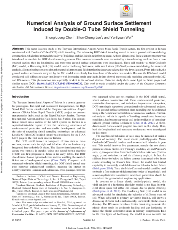 Pdf Numerical Analysis Of Ground Surface Settlement Induced By Double O Tube Shield Tunneling