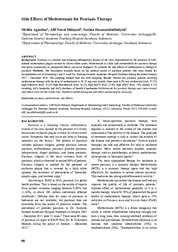 (PDF) Side Effects of Methotrexate for Psoriasis Therapy | Afif ...