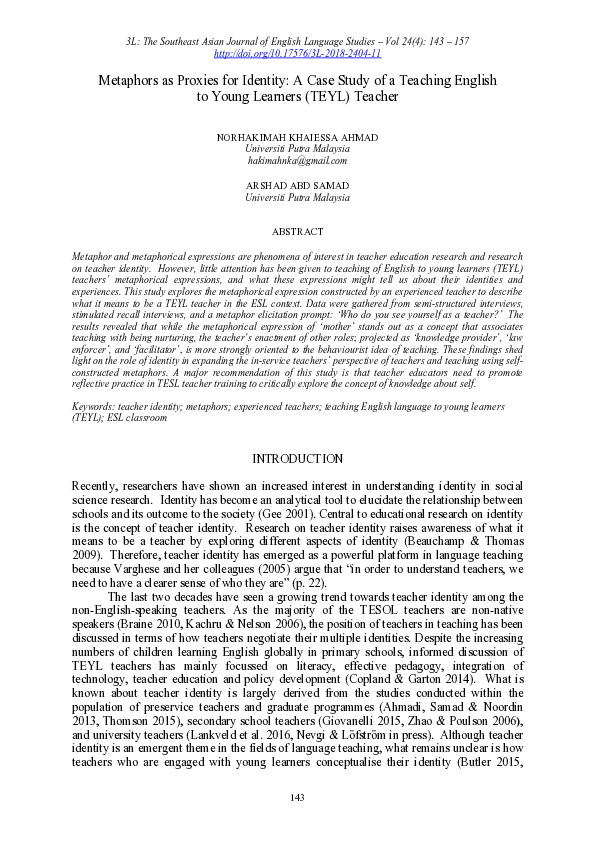 (PDF) Metaphors as Proxies for Identity: A Case Study of a Teaching ...