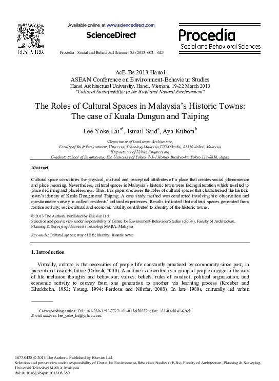 (PDF) The Roles of Cultural Spaces in Malaysia's Historic Towns: The ...