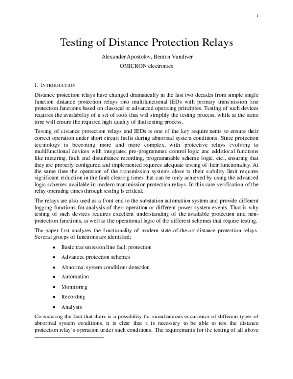 (PDF) Testing of Multifunctional Distance Protection Relays