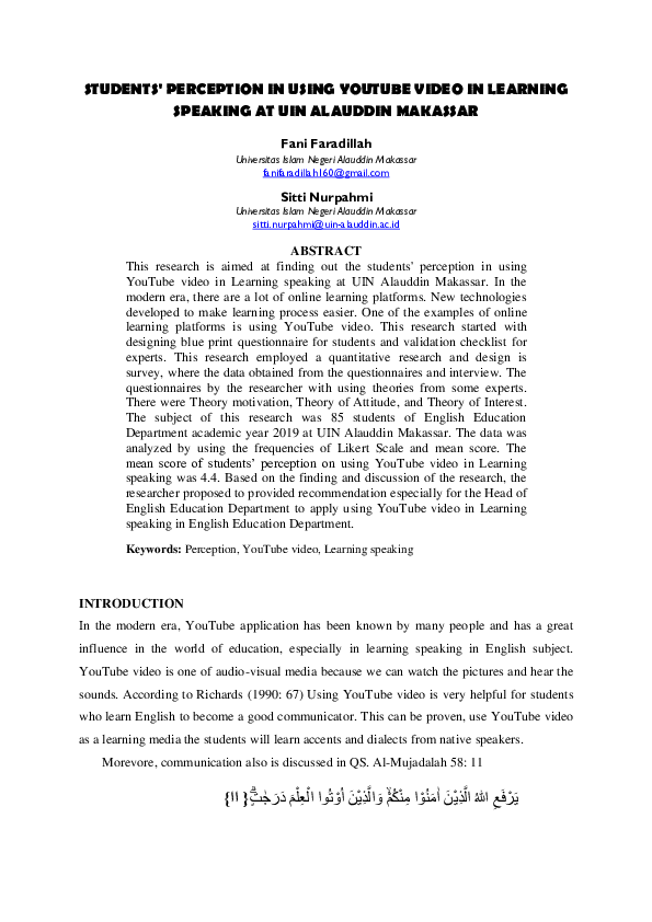 (PDF) Students' Perception in Using Youtube Video in Learning Speaking at Uin Alauddin Makassar
