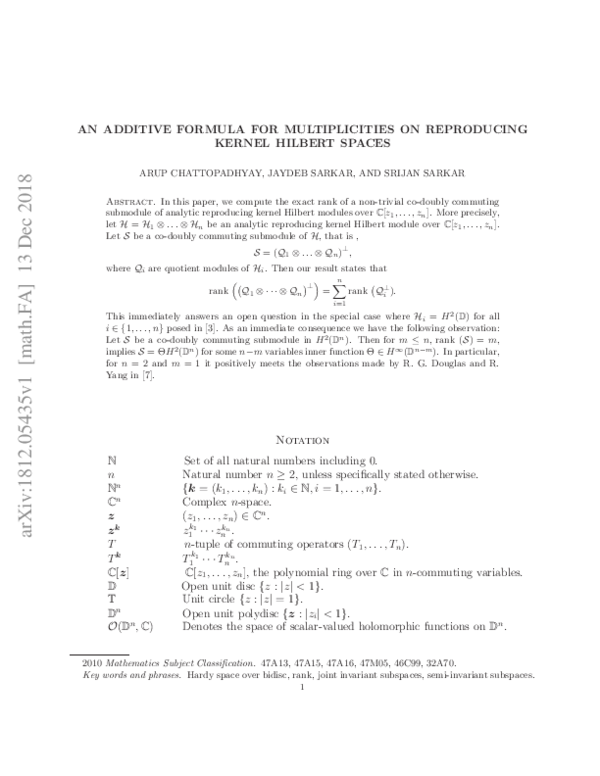 (PDF) An additive formula for multiplicities on Hilbert spaces