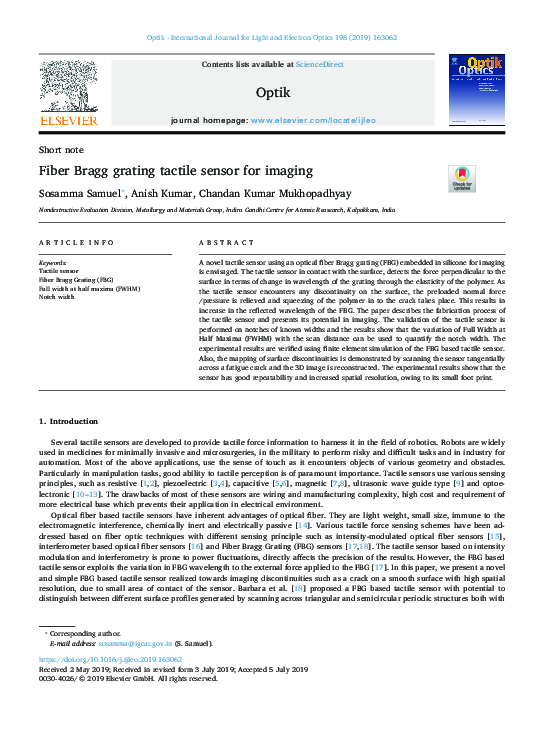 (PDF) Fiber Bragg grating tactile sensor for imaging