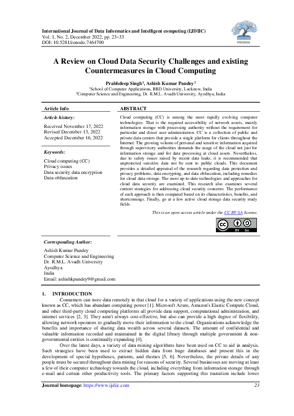 Pdf A Review On Cloud Data Security Challenges And Existing Countermeasures In Cloud Computing
