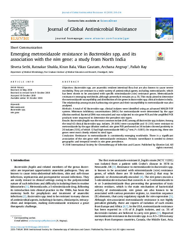 (PDF) Emerging metronidazole resistance in Bacteroides spp. and its ...