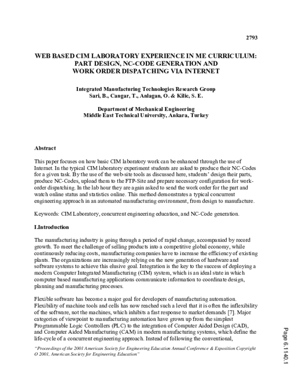 (PDF) Web Based Cim Laboratory Experience In Me Curriculum: Part Design, Nc Code Generation And ...