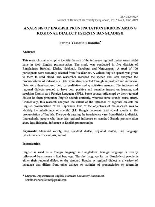 (PDF) Analysis of English Pronunciation Errors among Regional Dialect Users in Bangladesh