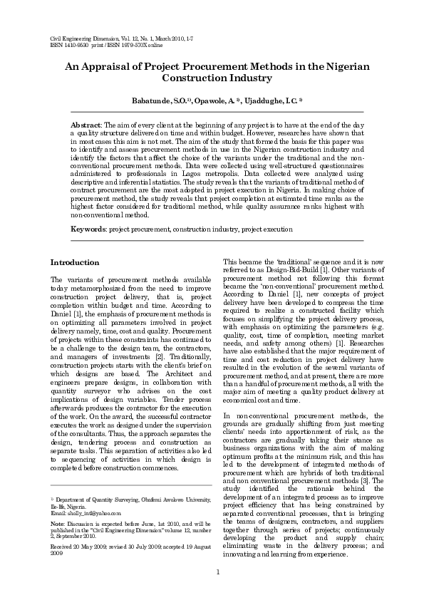 (PDF) An Appraisal of Project Procurement Methods in the Nigerian Construction Industry