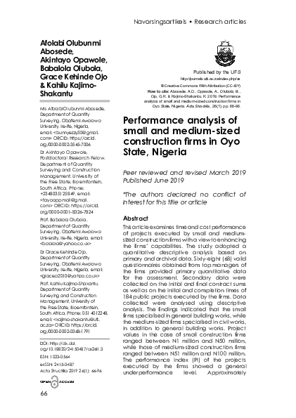 (PDF) Performance analysis of small and medium-sized construction firms in Oyo State, Nigeria