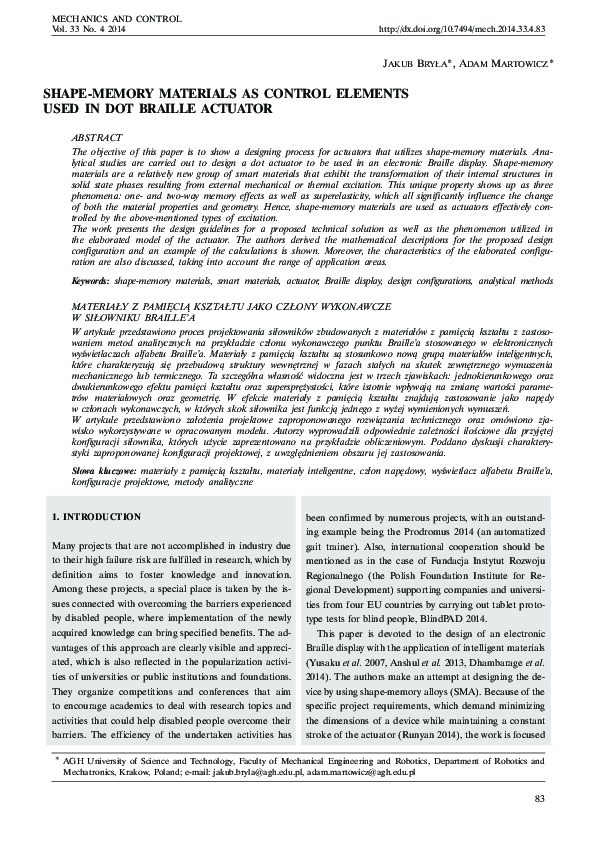(PDF) Shape-Memory Materials as Control Elements Used in Dot Braille Actuator