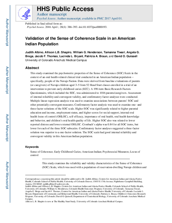 (PDF) Validation of the Sense of Coherence Scale in an American Indian ...