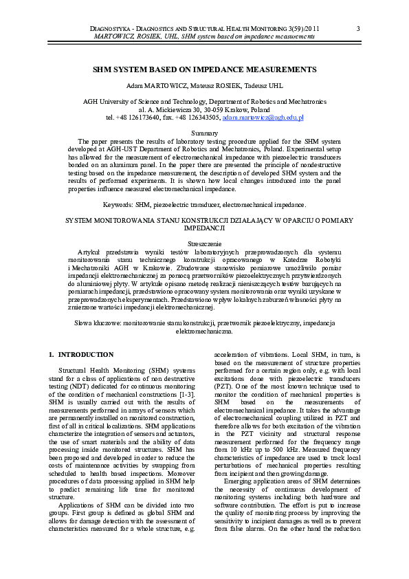 (PDF) MARTOWICZ , ROSIEK , UHL , SHM system based on impedance measurements 3 SHM SYSTEM BASED ...
