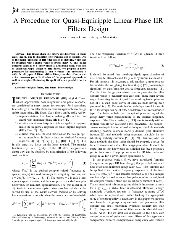(PDF) A Procedure for Quasi-Equiripple Linear-Phase IIR Filters Design