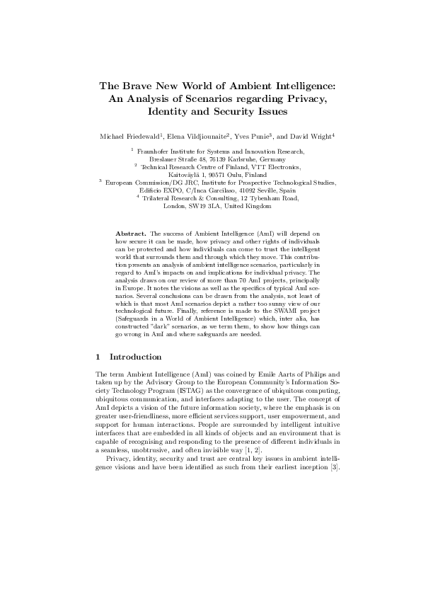 (PDF) The Brave New World of Ambient Intelligence: An Analysis of Scenarios Regarding Privacy ...