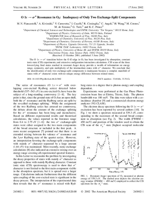 (PDF) O1s→σ*Resonance inO2: Inadequacy of Only Two Exchange-Split ...