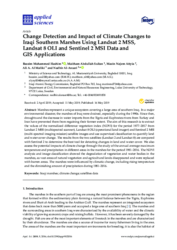 (PDF) Change Detection and Impact of Climate Changes to Iraqi Southern Marshes Using Landsat 2 ...