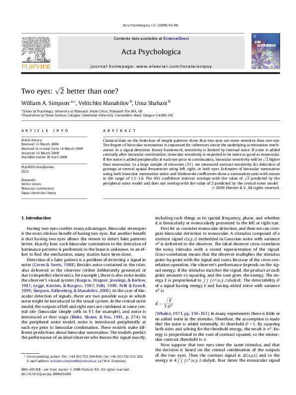 (PDF) Two eyes: 2 better than one?