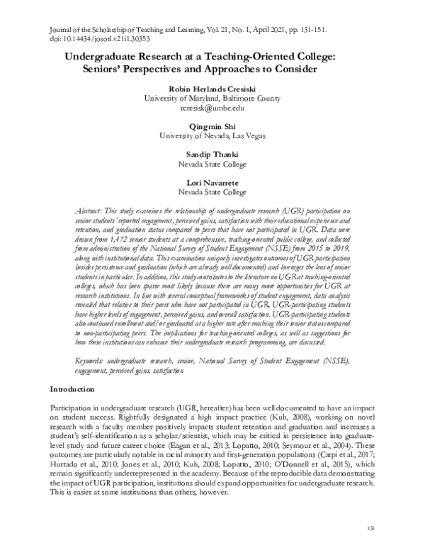 (PDF) Undergraduate Research at a Teaching-Oriented College: Seniors ...