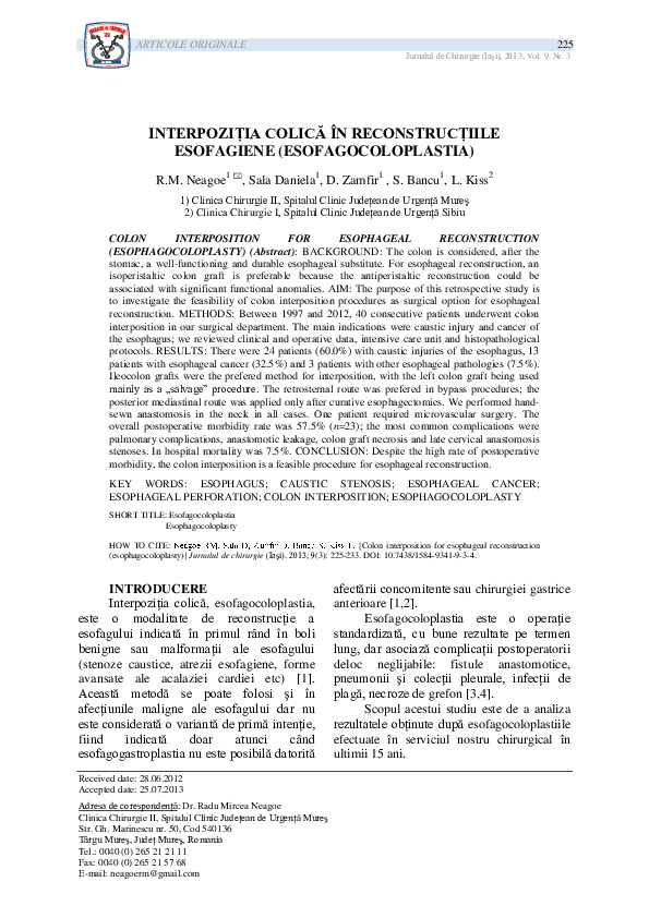 (PDF) Colon Interposition for Esophageal Reconstruction ...