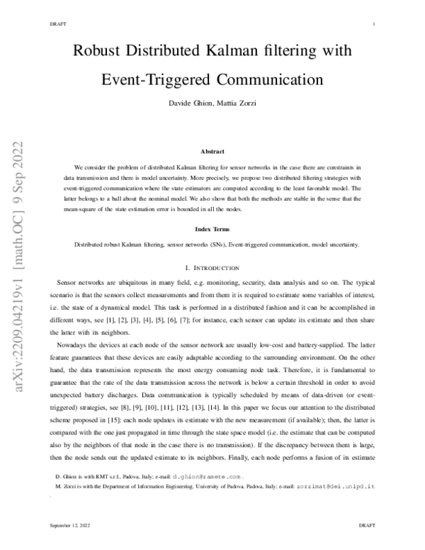 (PDF) Robust Distributed Kalman filtering with Event-Triggered Communication