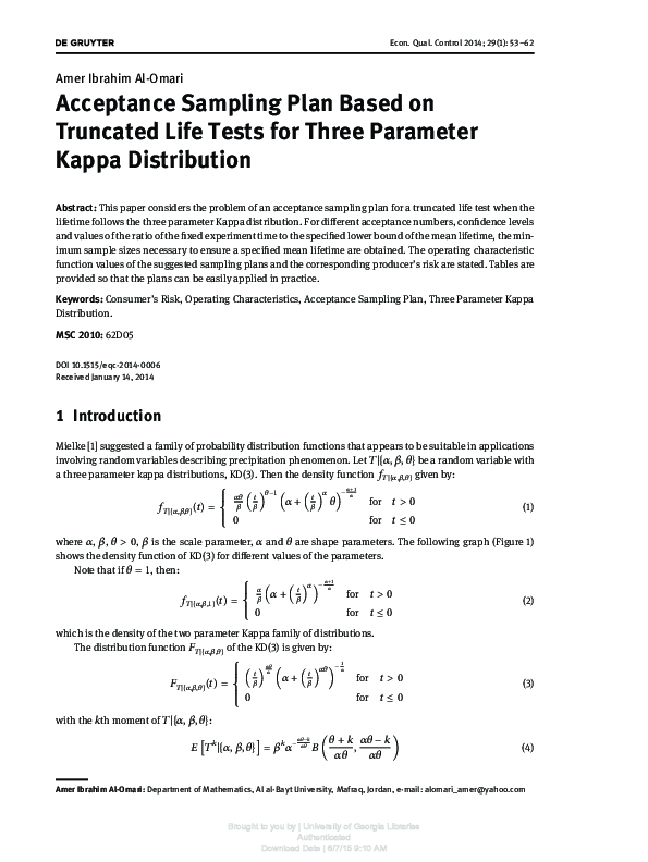 (PDF) Acceptance sampling plan based on truncated life tests for ...
