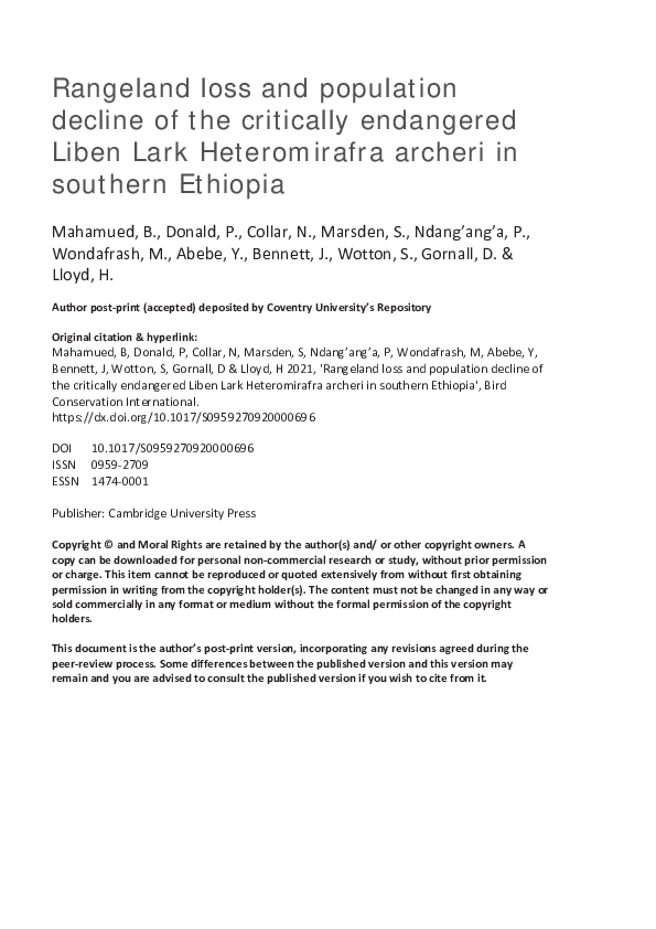 (PDF) Rangeland loss and population decline of the critically endangered Liben LarkHeteromirafra ...