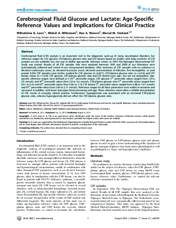 (PDF) Cerebrospinal Fluid Glucose and Lactate: Age-Specific Reference Values and Implications ...
