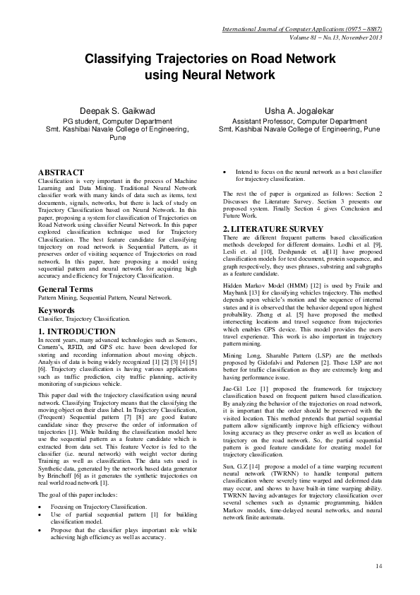 (PDF) Classifying Trajectories on Road Network using Neural Network | DEEPAK GAIKWAD - Academia.edu