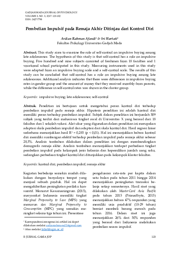 (PDF) Pembelian Impulsif pada Remaja Akhir Ditinjau dari Kontrol Diri