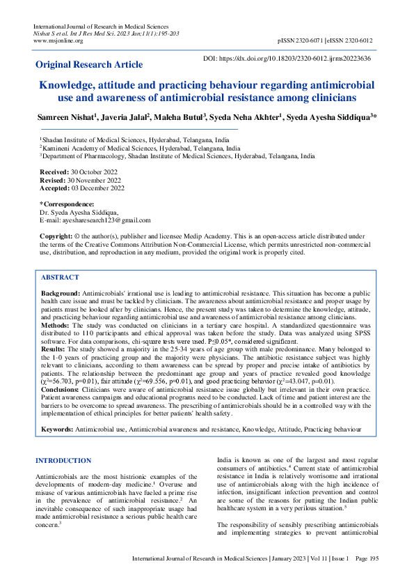 (PDF) Knowledge, attitude and practicing behaviour regarding antimicrobial use and awareness of ...