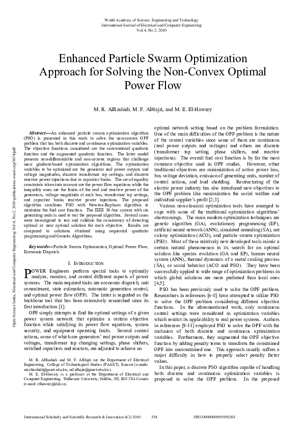 Pdf Enhanced Particle Swarm Optimization Approach For Solving The Non Convex Optimal Power Flow