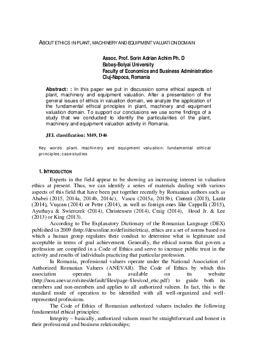 (PDF) About Ethics in Plant,Machinery and Equipment Valuation Domain